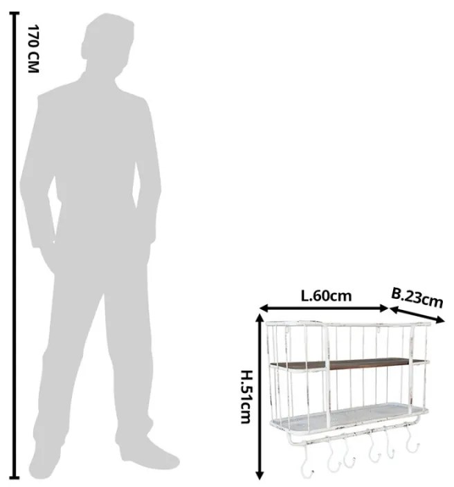Bílá závěsná polička s háčky a patinou – 60x23x51 cm