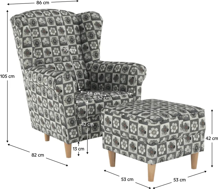 ušák, křeslo, s taburetem, látka patchwork N1, Tempo Kondela ASTRID