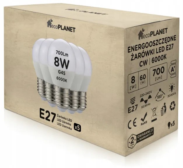 ecoPLANET 5x LED žárovka E27 - G45 - 8W - 700lm - studená bílá