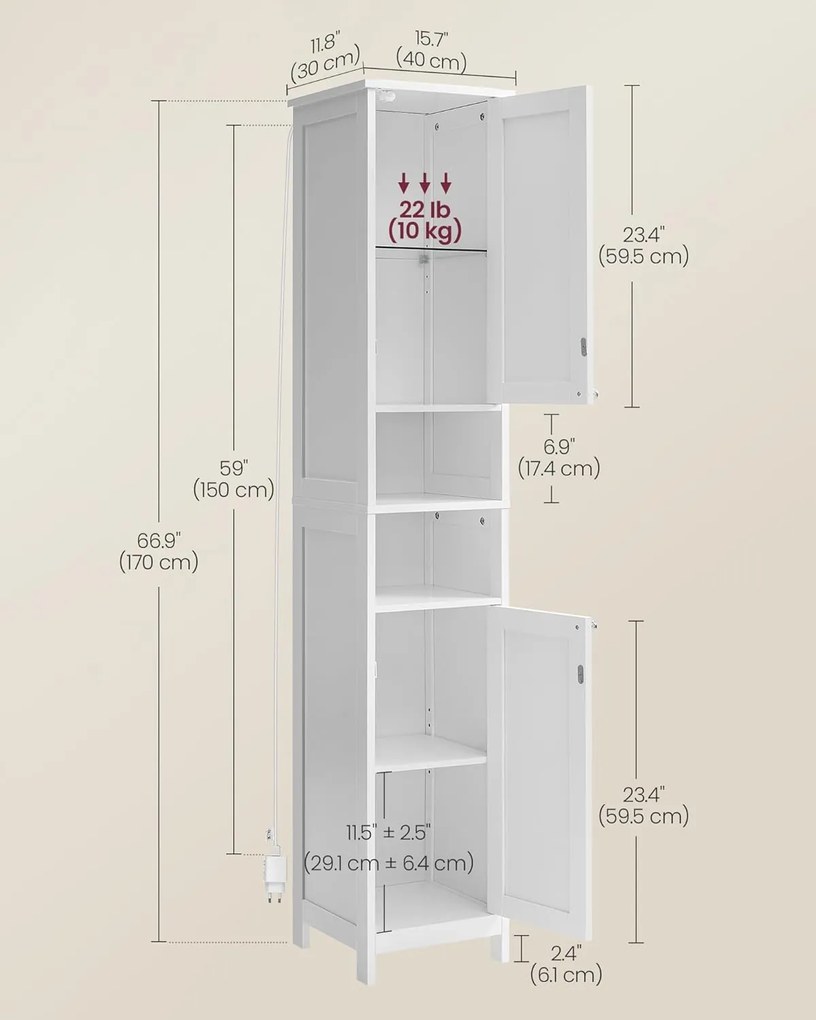 Vysoká koupelnová skříňka s LED osvětlením Vasagle Asmi 40 cm bílá