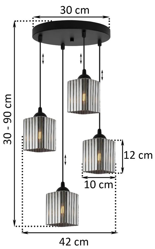 Závěsné svítidlo Riffle Square, 4x grafitové skleněné stínítko, b, o