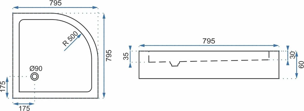 Rea Look, akrylátová čtvrtkruhová sprchová vanička 80x80x6 cm + chromový sifon, bílá, REA-K7908