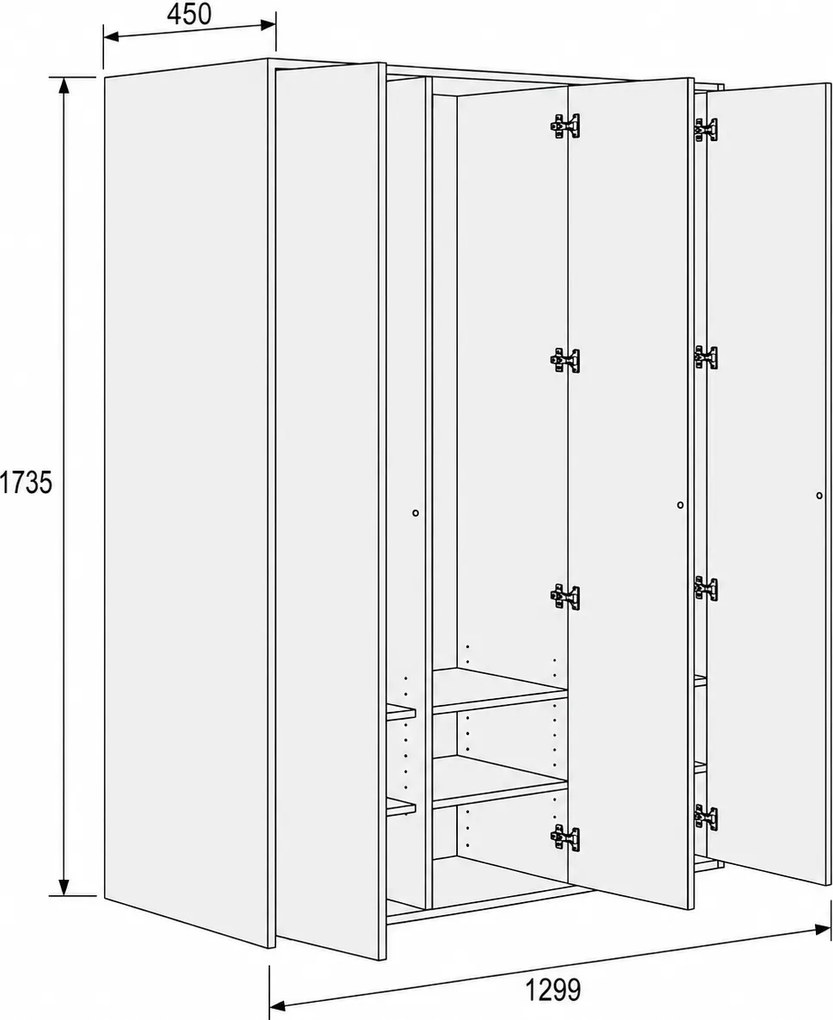 Šatní skříň FRAME, 3 oddíly, 1299 x 450 x 1735 mm, PUSH-lock, dub přírodní