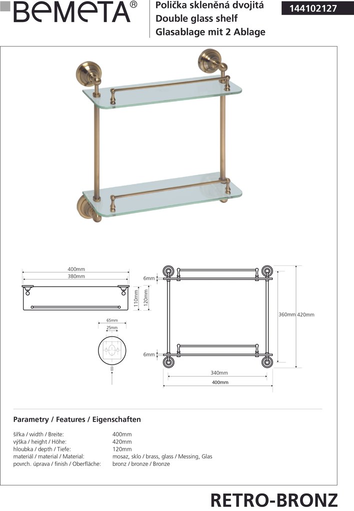 Bemeta Design RETRO bronz: Polička skleněná dvojitá, 400 mm -