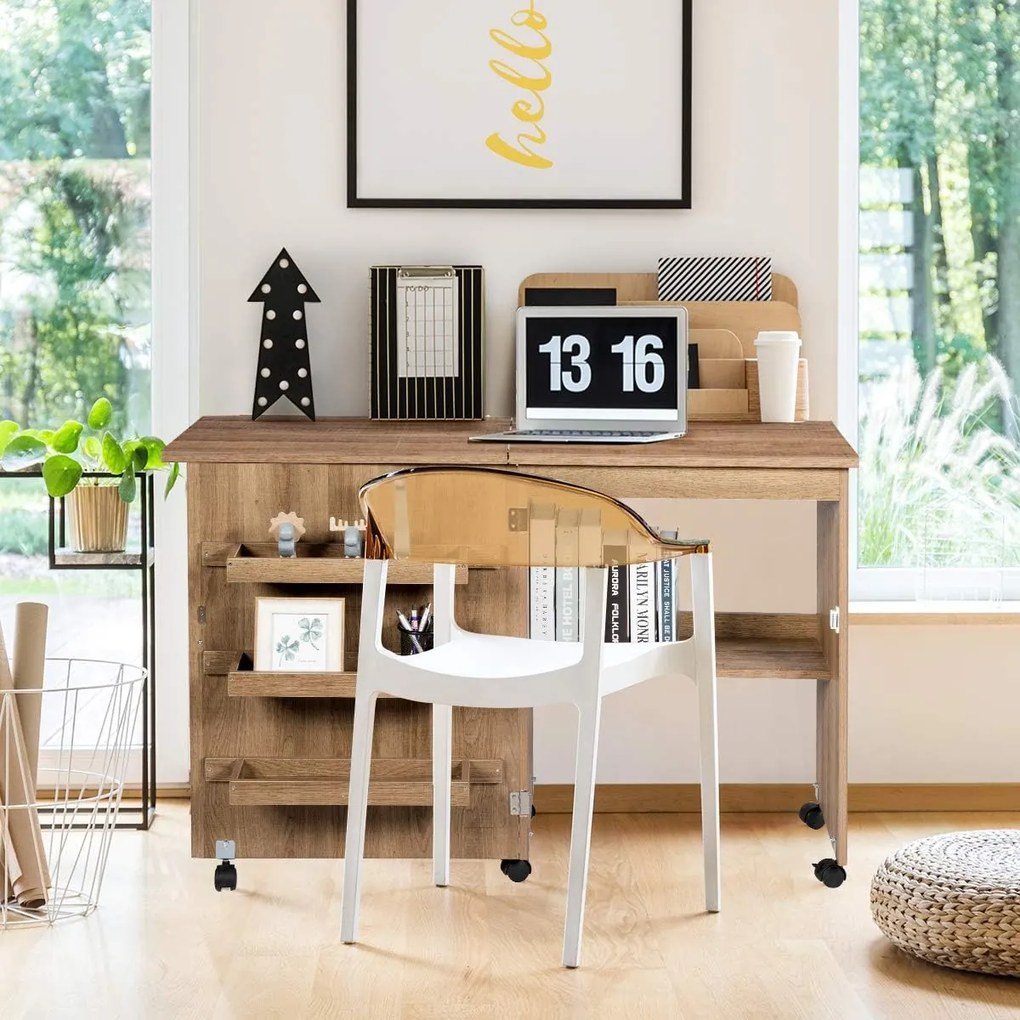 Costway Pojízdný skládací šicí stolek s úložnými boxy, přírodní