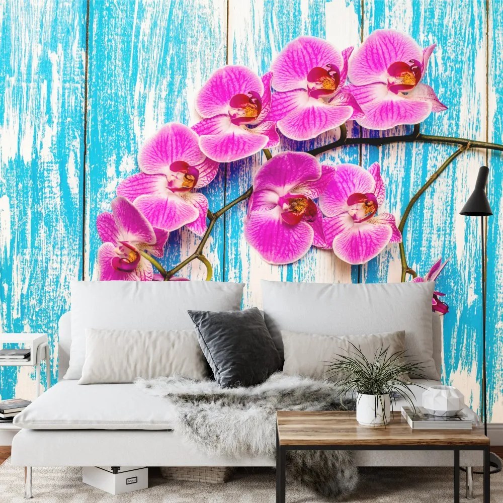 Fototapeta Orchideje Na Pozadí Desek Samolepící tapety 90x60