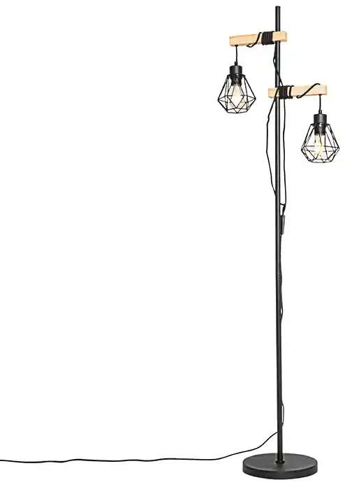 Venkovská stojací lampa černá se dřevem 2-světlo - Chon | BIANO