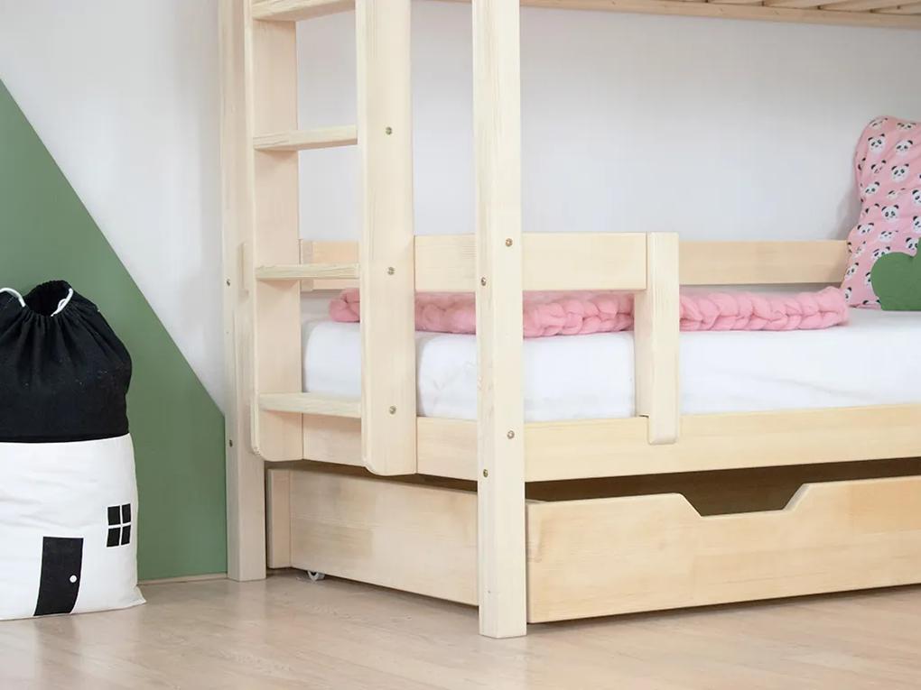 Benlemi Sada: Domečková patrová postel MONTY s dřevěným úložným šuplíkem BUDDY na kolečkách Zvolte barvu: Nelakovaná, Varianta: S roštem