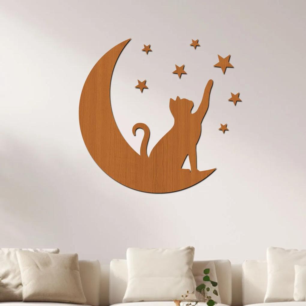 Dřevěná dekorace Měsíční kočka Rozměry (cm): 40x38, Barevný vzor: Světlý dub