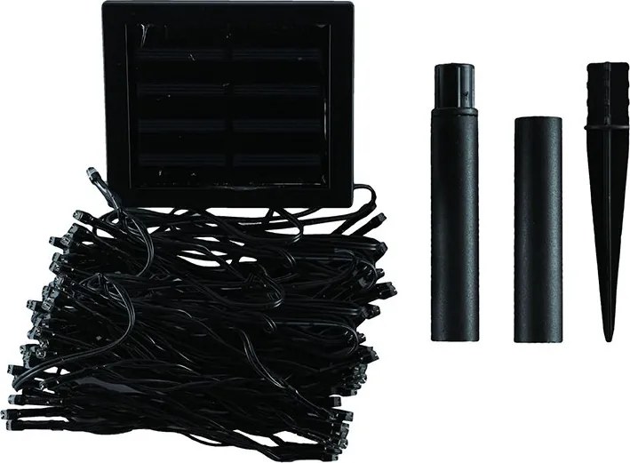 LED venkovní solární světýlka na zahradu, 10 m, ledově bílá, 100 diod, černý kabel, IP44, solární panel