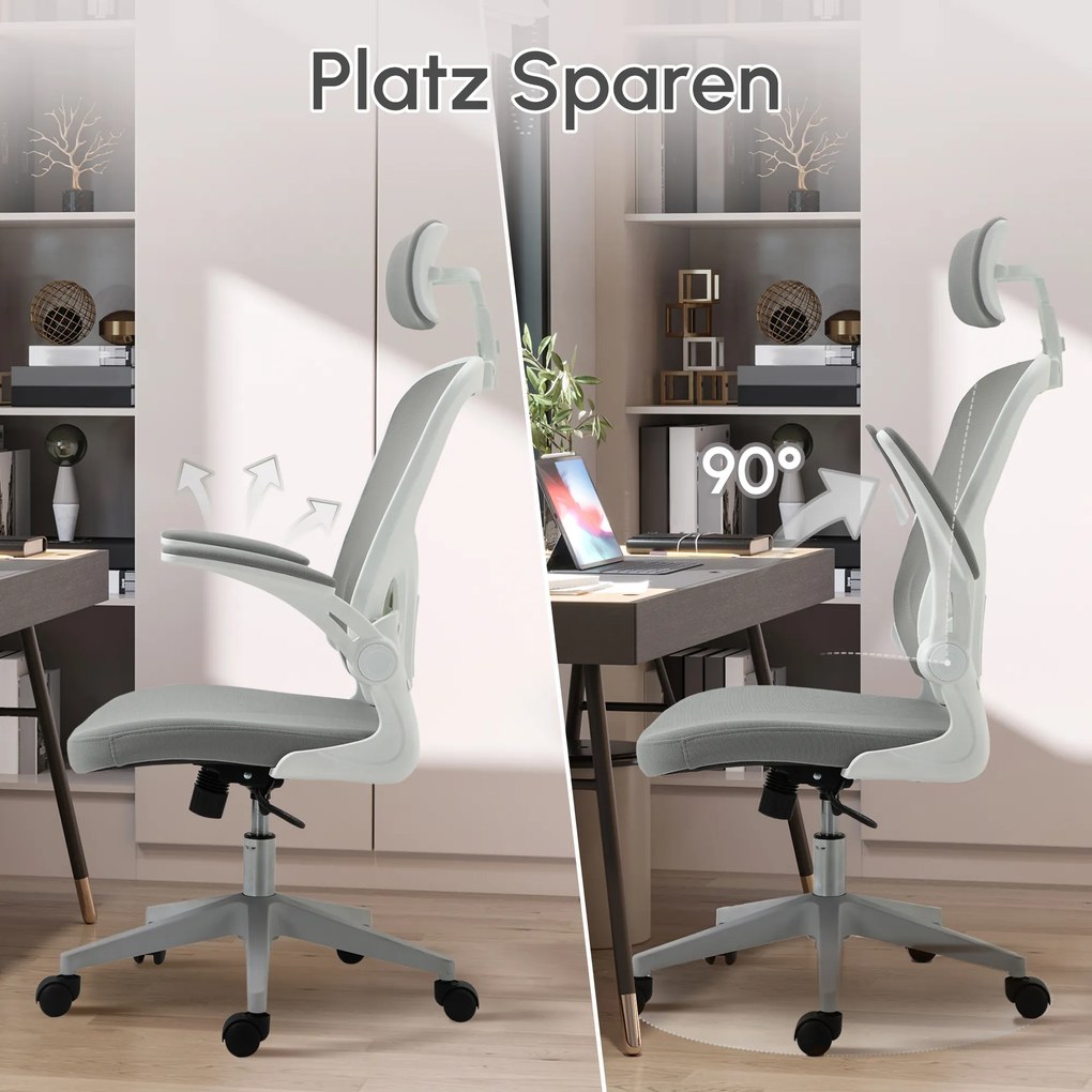 Kancelářská židle Vinsetto ergonomická kancelářská židle s opěrkou hlavy a funkcí houpání, výškově nastavitelná, šedá, 65 x 64 x 114-122 cm