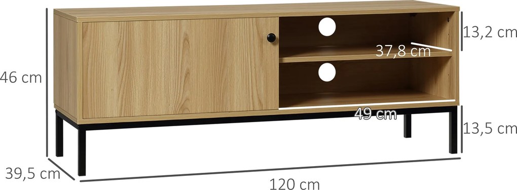 HOMCOM TV Stojan - Max. 50 Palců - 3 Úložné Prostory - 2 Otvory pro Kabely s Posuvnými Dveřmi - rozměry 120L x 39.5W x 46H cm