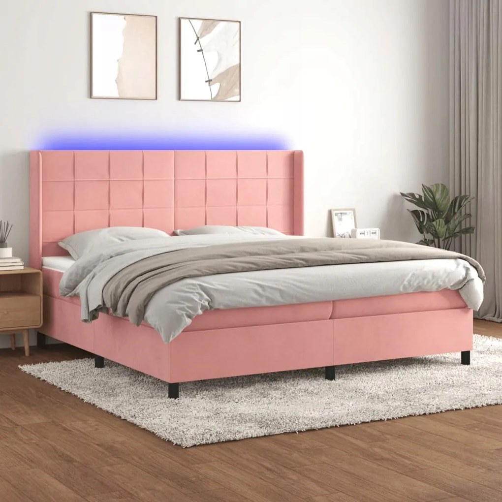 Box Spring Postel S Matrací A Led Samet Růžová Blok se čtverci 200 x 200