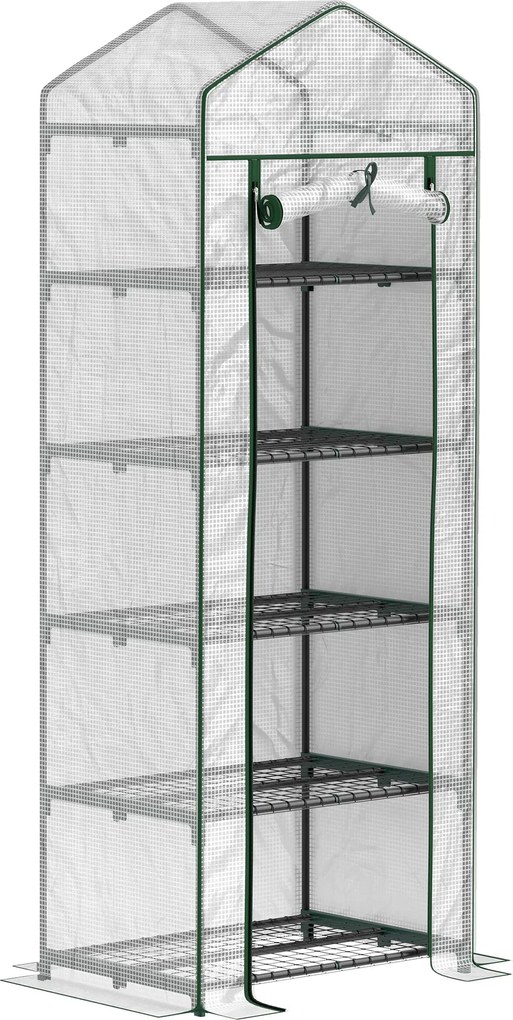 Skleník Outsunny s rolovacím dveřmi, policemi, zimní ochrannou ocelovou konstrukcí, skleník pro balkon, zahradu, dům na rajčata 69 x 49 x 193 cm, skle