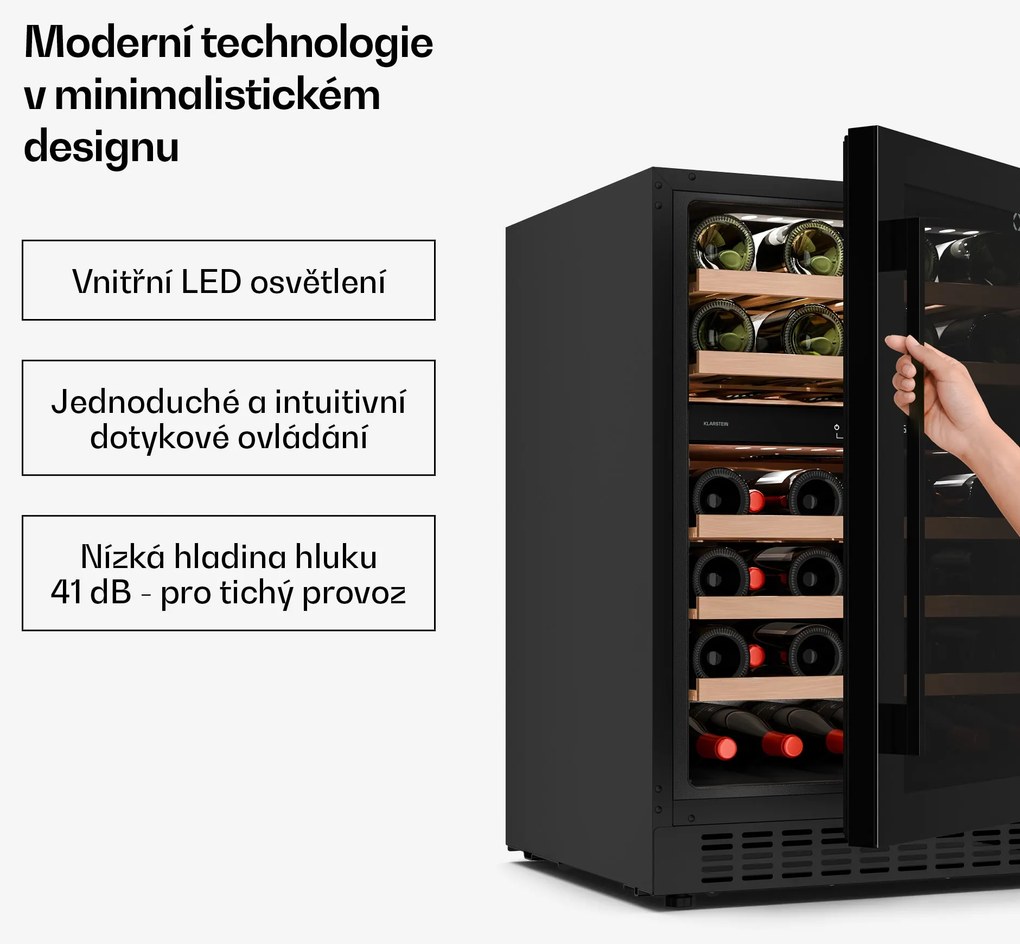 Klarstein Velaire podpultová vinotéka, moderní, elegantní, UV ochrana, Dvouzónová, 46 lahví