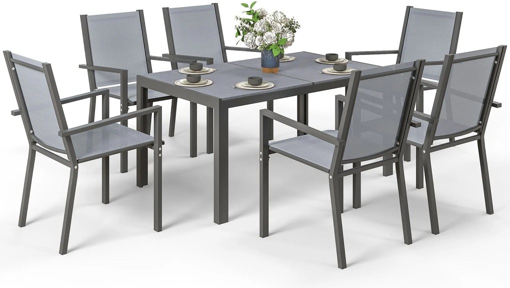 Outsunny Sada zahradního nábytku pro 6 osob, venkovní lounge set, ocelové rámy, stohovatelné židle, vysoké opěrky hlavy, šedá