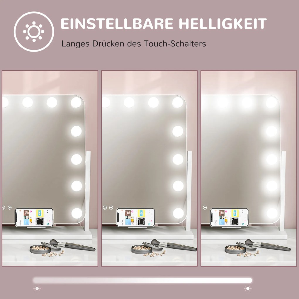 HOMCOM LED kosmetické zrcadlo, 3 světelné režimy, stmívatelné, dotykové ovládání, USB, 62,5 x 49,5 cm, bílé