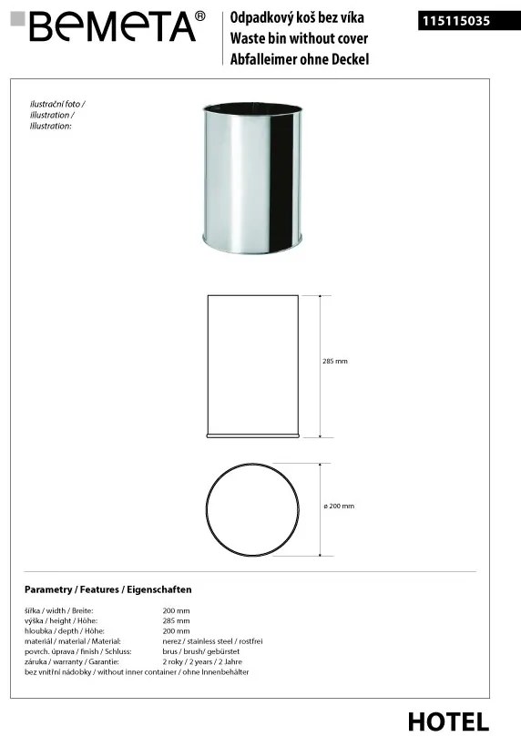 Bemeta Design Odpadkový koš, 9 l, nerez, mat -