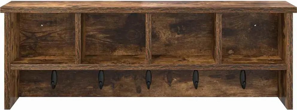 věšák, nástěnný, 4 poličky, háčky, kompozitní dřevo, 26x75x16 cm, kouřový dub, Dekorino TK20260021