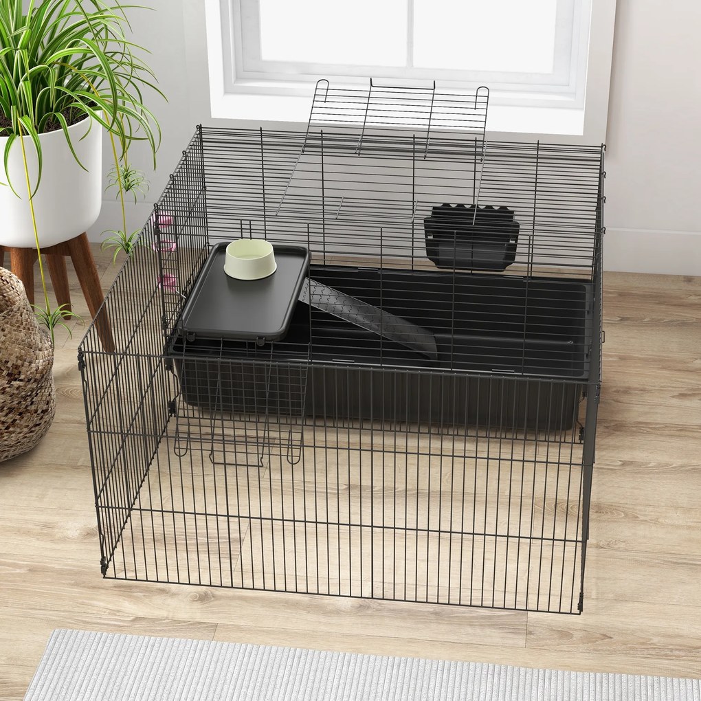 Bouda PawHut pro malá zvířata s výběhem, 112,5L x 99W x 54H cm, s lahví na vodu, krmítkem, miskou na krmení, pro malá zvířata, ocel, černá