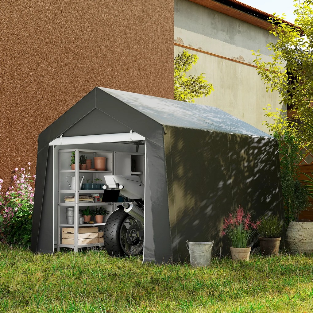 Zahradní kůlna Outsunny, skladovací stan, 3 x 3 m, voděodolná a odolná proti UV záření, pozinkovaná ocelová konstrukce a velké dveře, kryt pro kola d…