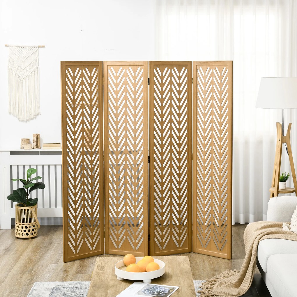 HOMCOM Dřevěný mřížkový dělicí panel, skládací příčka 4 panely, přírodní dřevo 160 x 170 cm