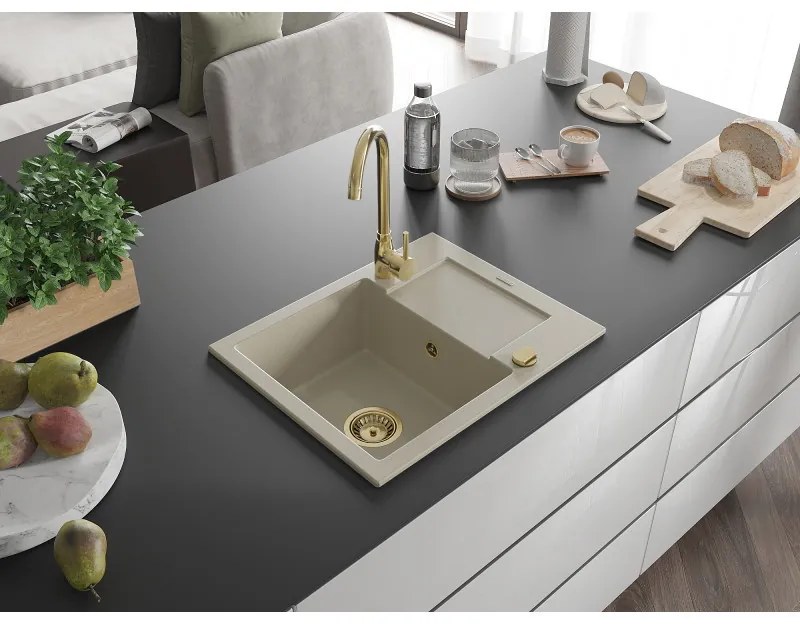 Mexen Enzo, granitový dřez 576x465x174 mm, 1-komorový, zlatá baterie Telma, béžová, 6506-69-670200-50