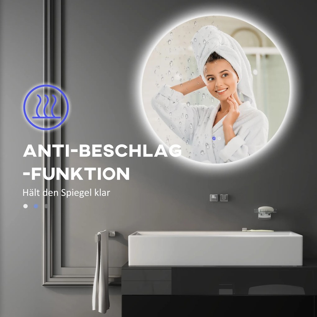 Kleankin kulaté LED nástěnné zrcátko, dotykový spínač, měnící barvu 3000K-6500K, proti mlze, ø 70 cm, bílá/stříbrná