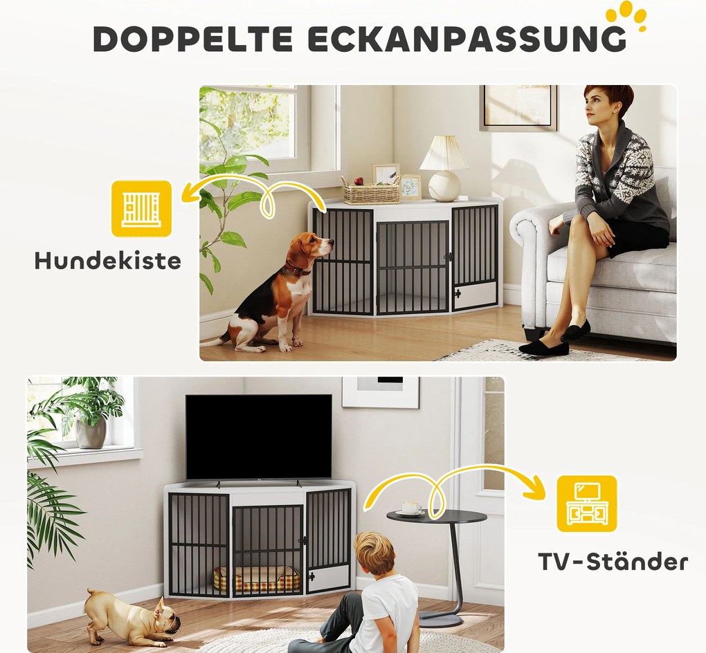 Přepravka pro psy, box pro malé a střední psy, box pro domácí mazlíčky, dvířka na krmení, MDF, kov, bílý