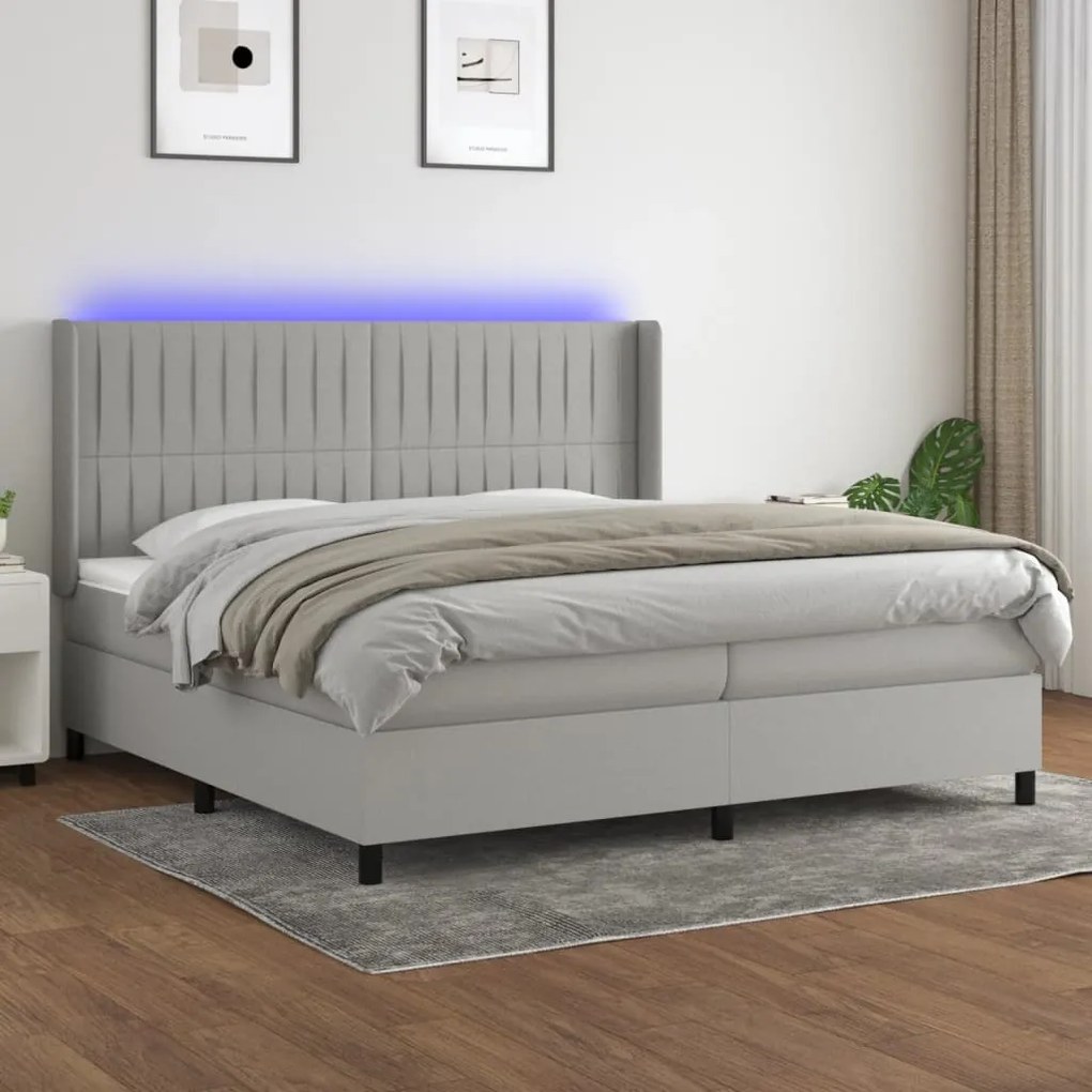 Box spring postel s matrací a LED světle šedá 200x200 cm textil 3138501