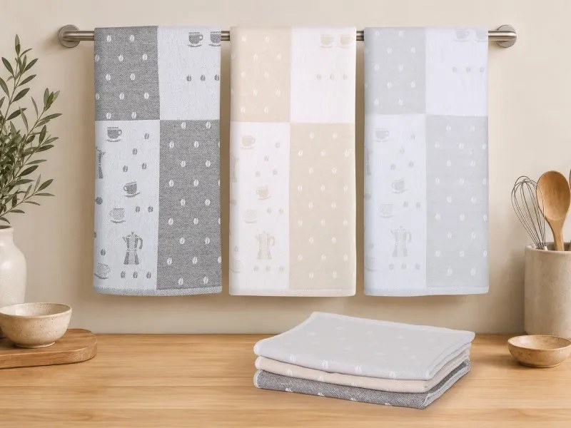 Bellatex Kuchyňské utěrky sada 3 kusů 50x70 cm Kávová zrna Béžová,Šedá