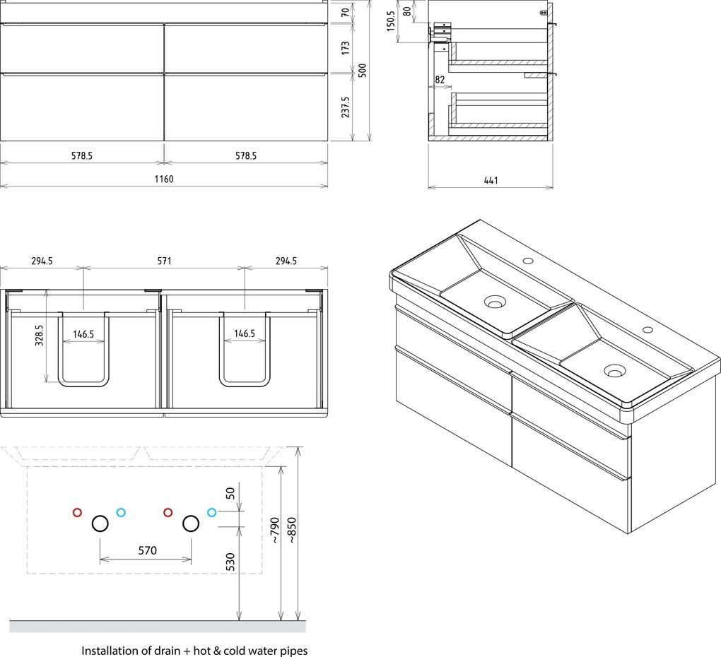 Sapho SITIA dvojumyvadlová skříňka 116 x 50 x 44,1 cm 4x zásuvka bílá mat SI120-3131