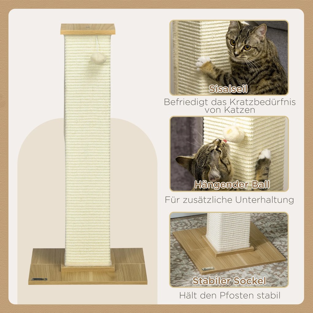 PawHut škrabadlo pro kočky 38L x 38W x 80H cm stabilní a bezpečné se škrabací deskou hracími míčky ze sisalu dub krémově bílý úspora místa
