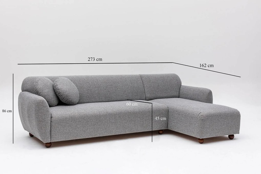 Designová rohová sedačka Jamiya 273 cm světle šedá - pravá