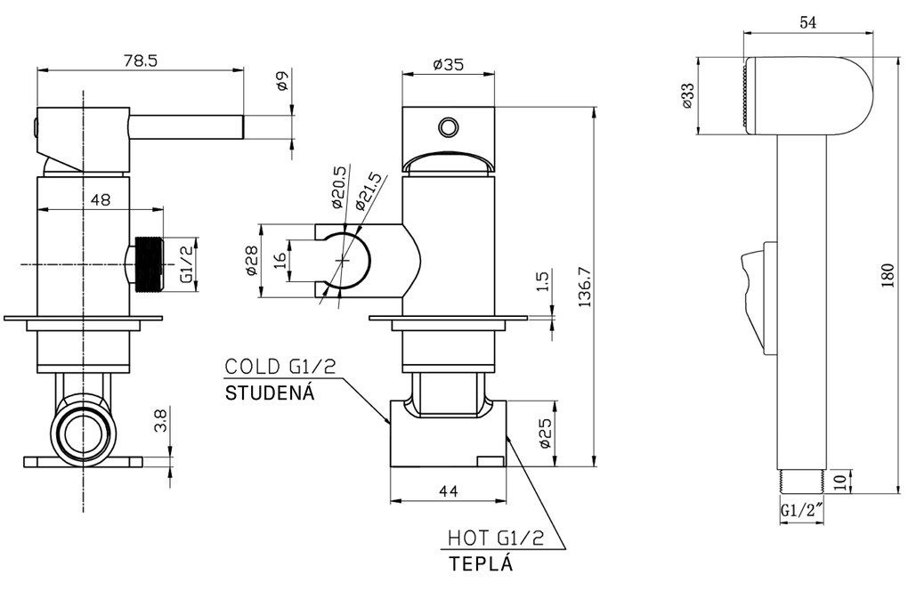 Aqualine, Podomítková bidetova baterie se Stop sprškou, hadice 1,2m, kulatá, chrom, SK302