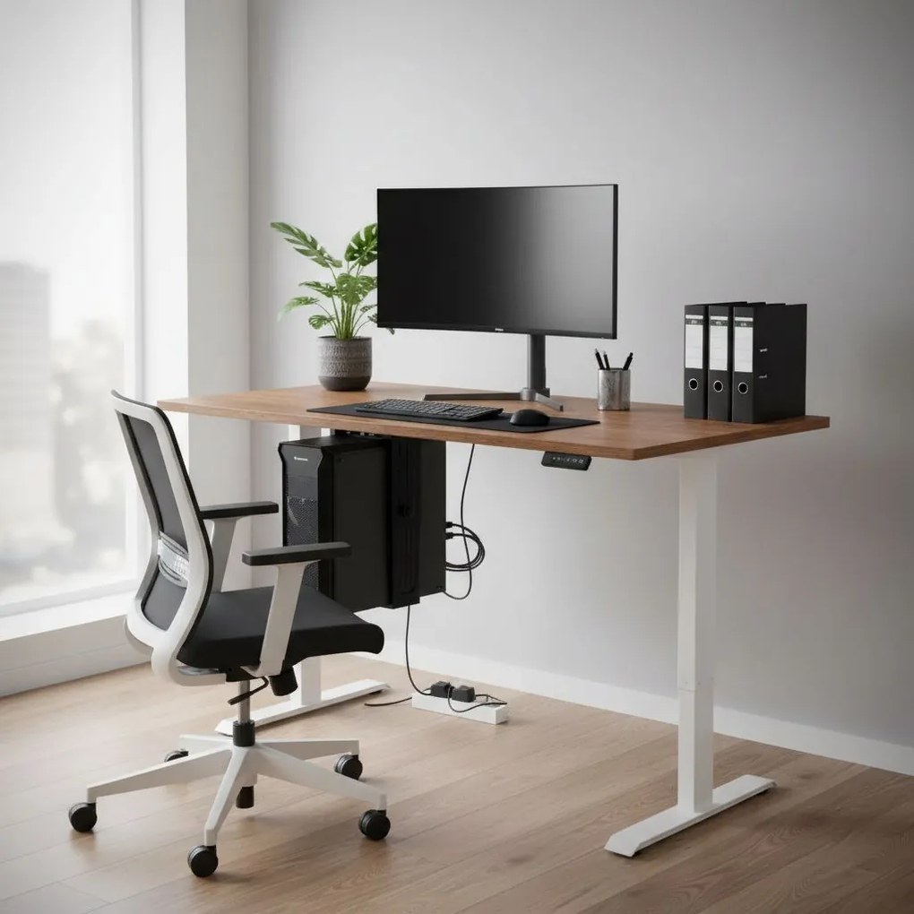 Výškově nastavitelný stůl OfficeTech C, 140 x 80 cm, bílá podnož, dub silverjack