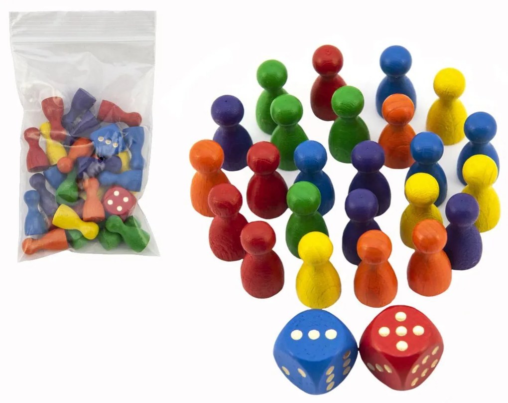 Figurky dřevo 25mm 24ks 6 barev+ 2 kostky společenská hra v sáčku 7x13cm