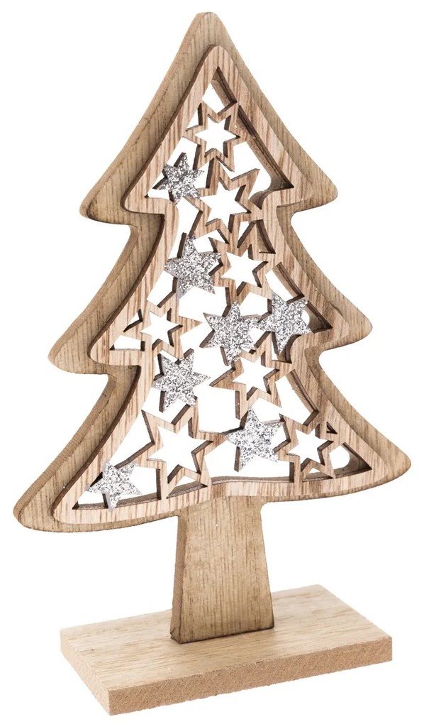 Vánoční dřevěná dekorace Stromek, 10 x 15,5 x 4 cm, stříbrná