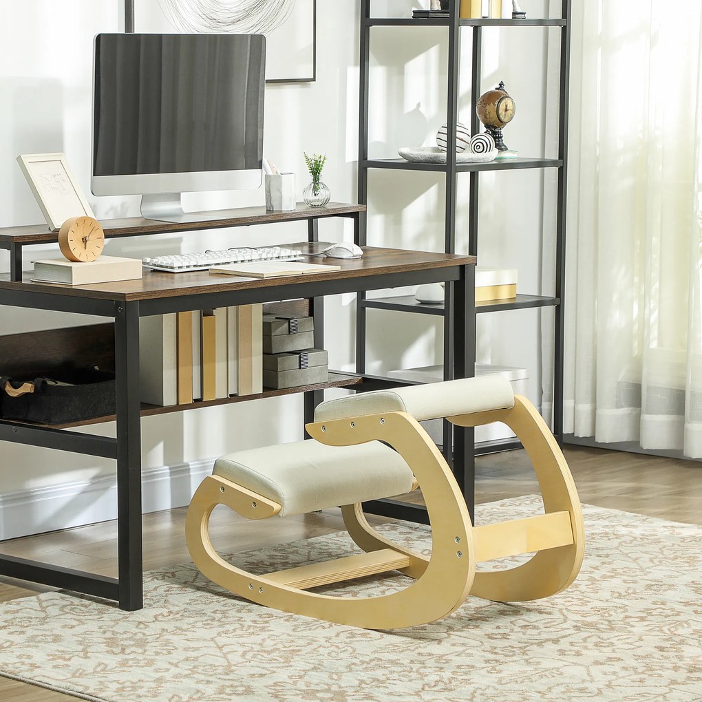 HOMCOM Křeslo na kolenou s houpacím mechanismem, ergonomické křeslo v lněné tkanině a břízovém dřevě, 55x85x55 cm, krémová