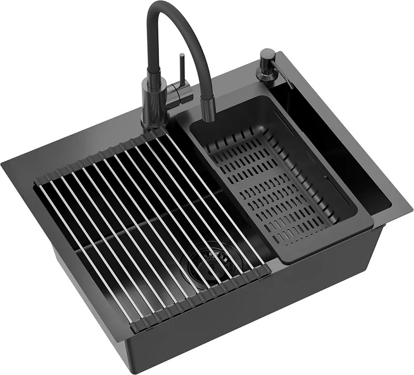 Kuchyňský nerezový dřez QUADRON LUKE 110 černý metalický s ohebnou baterií a příslušenstvím 58x45x20 cm