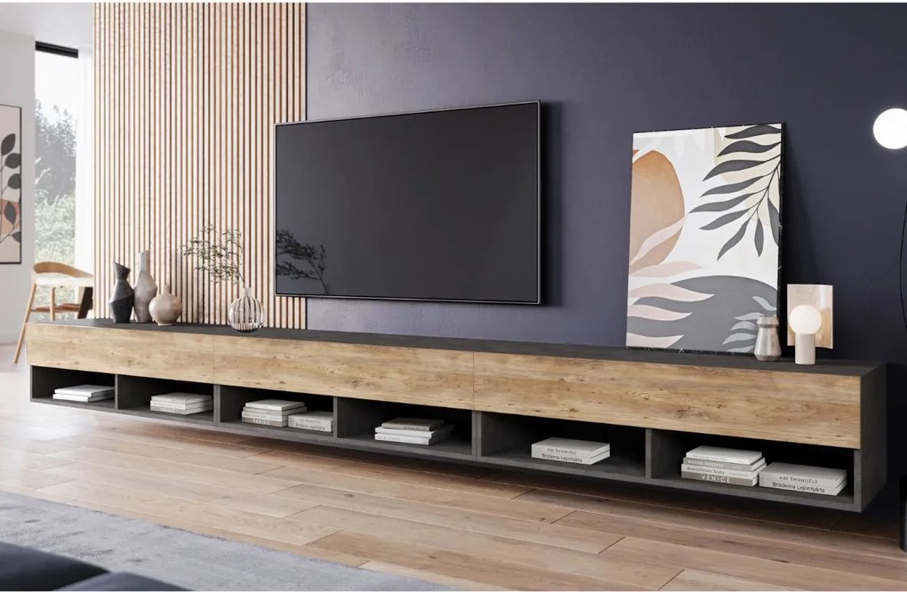 Široká TV skříňka 300 cm matera/kaštan Lowboard A (LOWA300TX + LED)