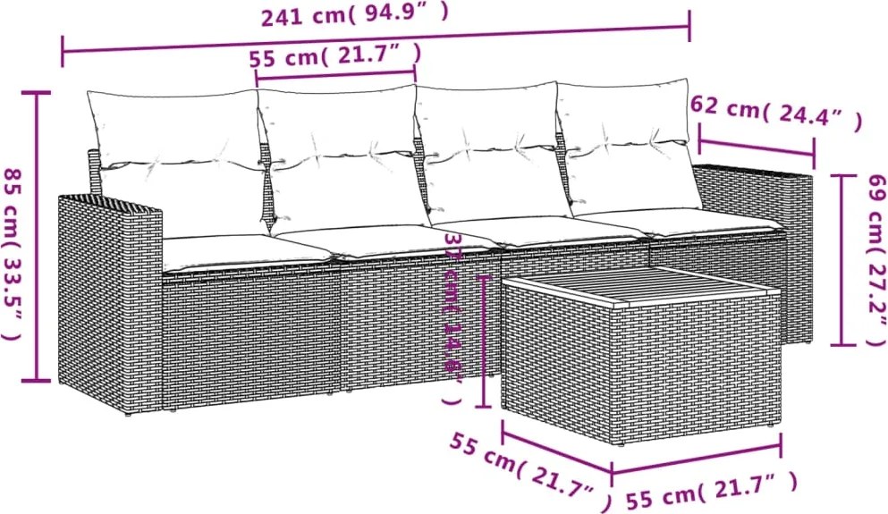 5dílná zahradní sedací souprava s poduškami černá polyratan 3223998