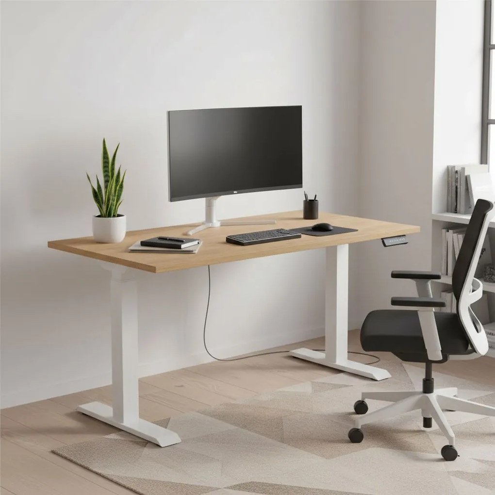 Výškově nastavitelný stůl OfficeTech D, 120 x 80 cm, bílá podnož, dub kamenný