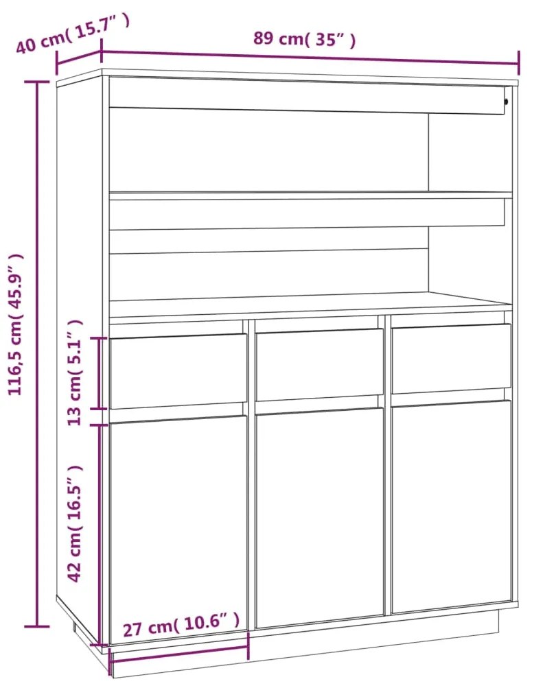 Skříň highboard šedá 89x40x116,5 cm masivní borové dřevo