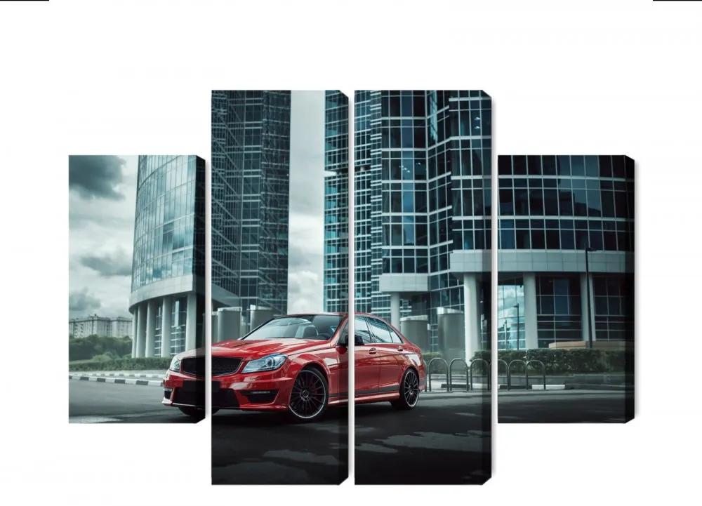 Vícedílný obraz Červené Auto Na Pozadí Moderních Mrakodrapů Nedostatek Nedostatek Přírodní plátno 120x90