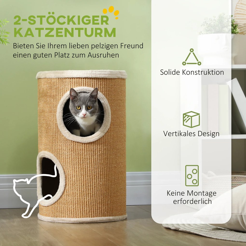 PawHut škrabadlo, 60 cm vysoké škrabadlo pro kočky se 2 jeskyněmi, škrabadlo, věž pro kočky ze sisalu, pro kočky do 5 kg, hnědé | Aosom