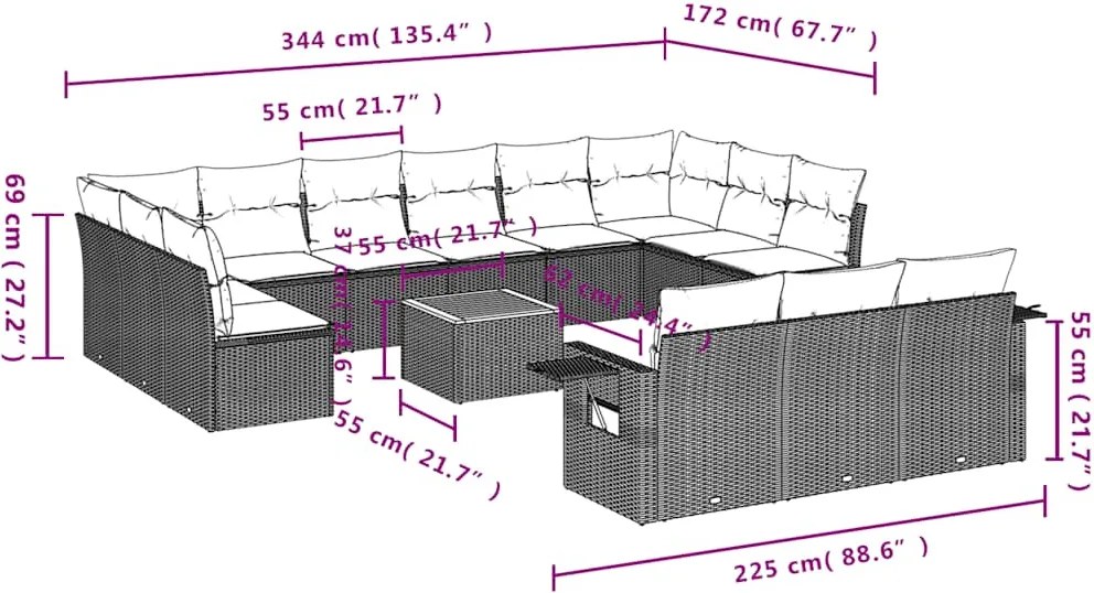 14dílná zahradní sedací souprava s poduškami černá polyratan 3257133