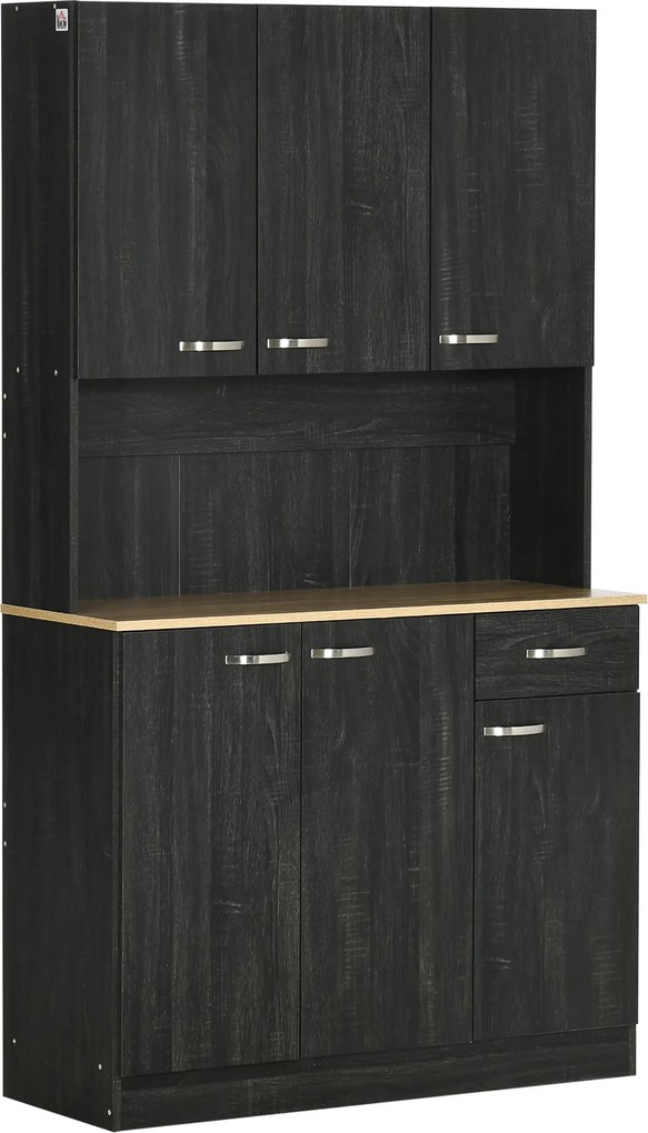 HOMCOM Moderní kuchyňská komoda s bufetem, 6 dveří, 1 zásuvka + Velký pracovní stůl 101L x 39W x 180H cm, černé dřevo