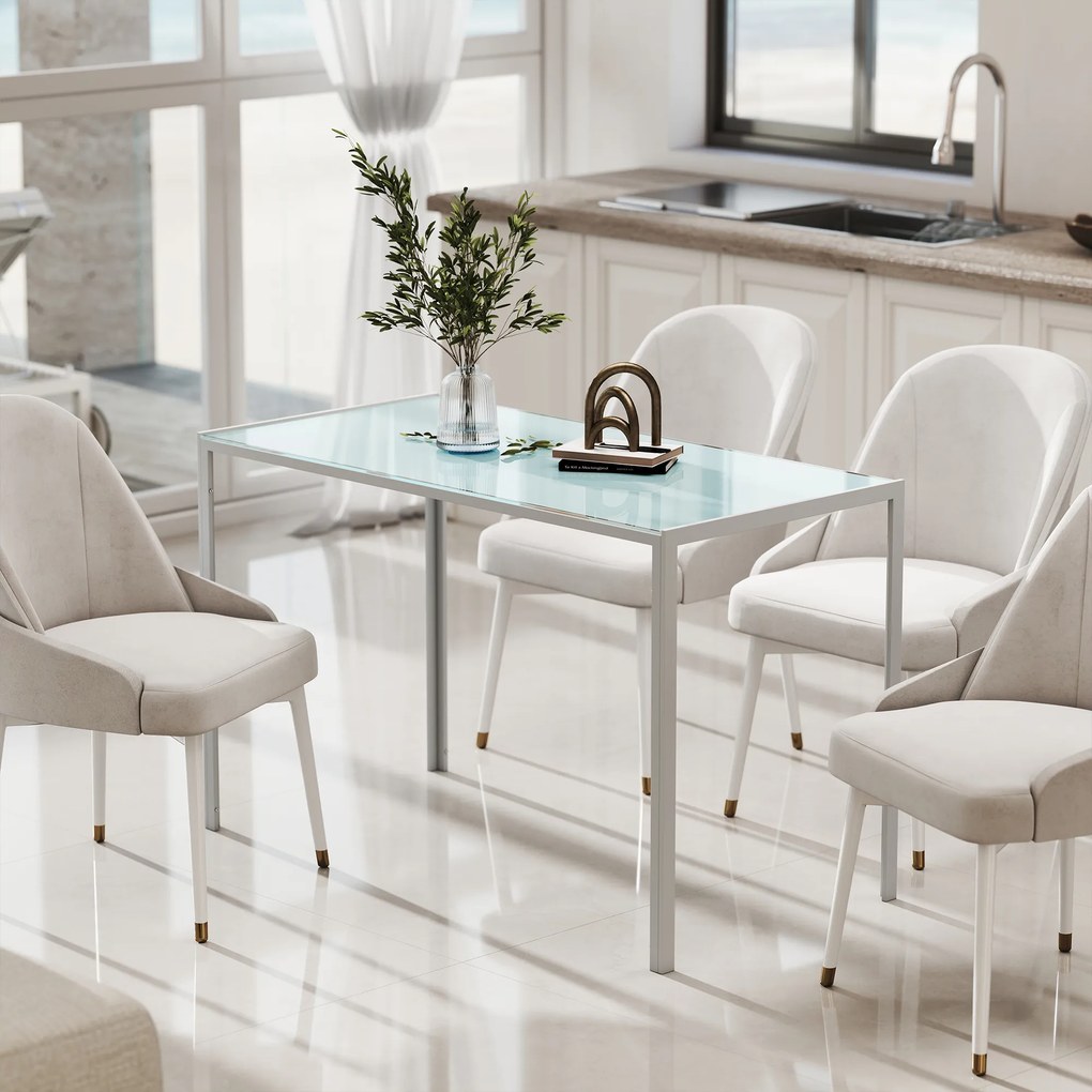 HOMCOM Skleněný Jídelní Stůl Obdélníkový pro 4-6 Osob s Metalickými Nohami Multifunkční do Kuchyně a Obývacího Pokoja 120x60x75 cm Bílý