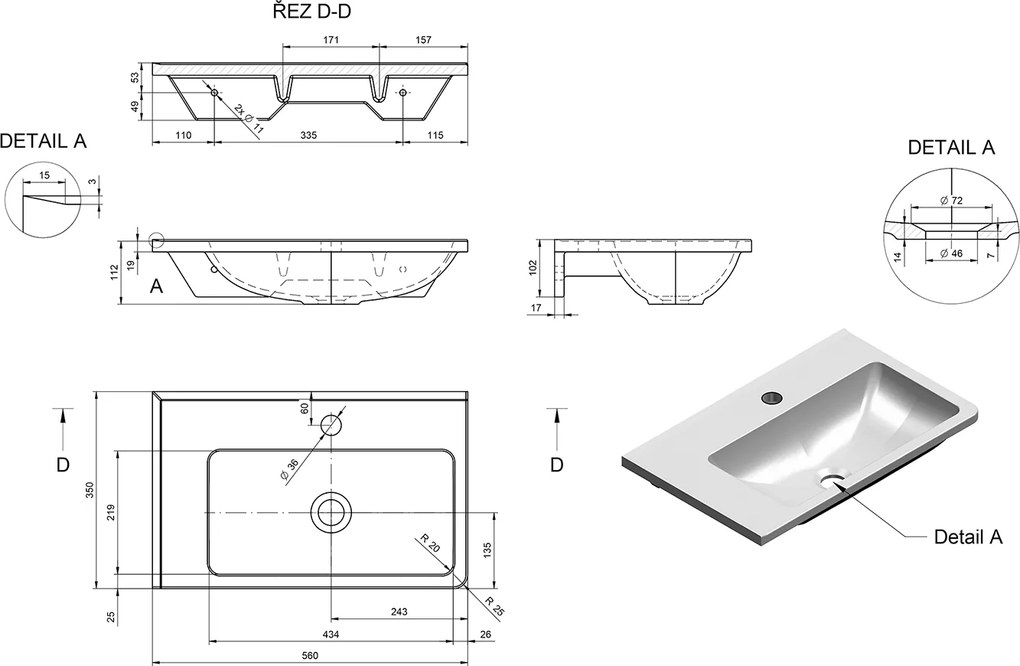 Sapho Sapho, ARANA umyvadlo 56x11x35cm, litý mramor, bílá, levé, AN055